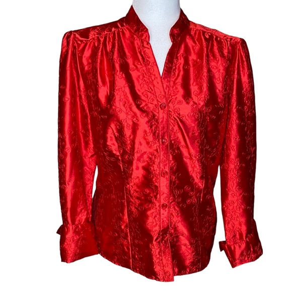 Vintage | Tops | Vintage Tailor B Moss Red Silky Floral Embroidered ...